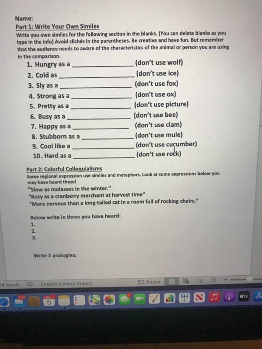 Name: Part 1: Write Your Own Similes Write you own | Chegg.com