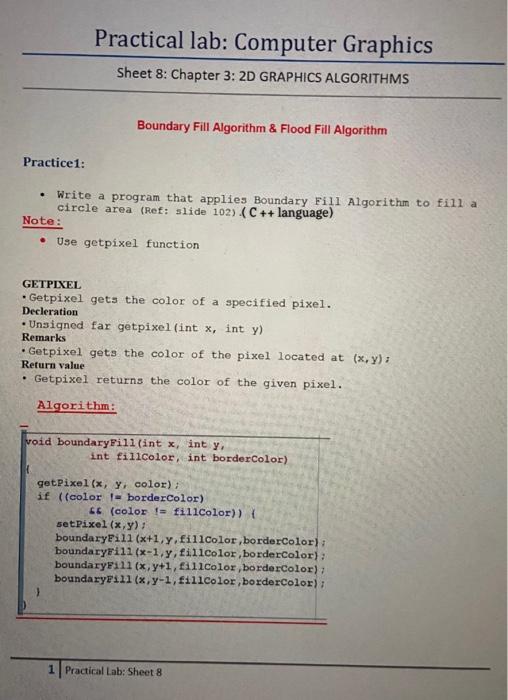 Practical lab: Computer Graphics Sheet 8: Chapter 3: | Chegg.com