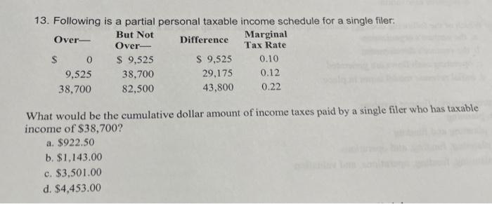 Solved 13. Following is a partial personal taxable income | Chegg.com