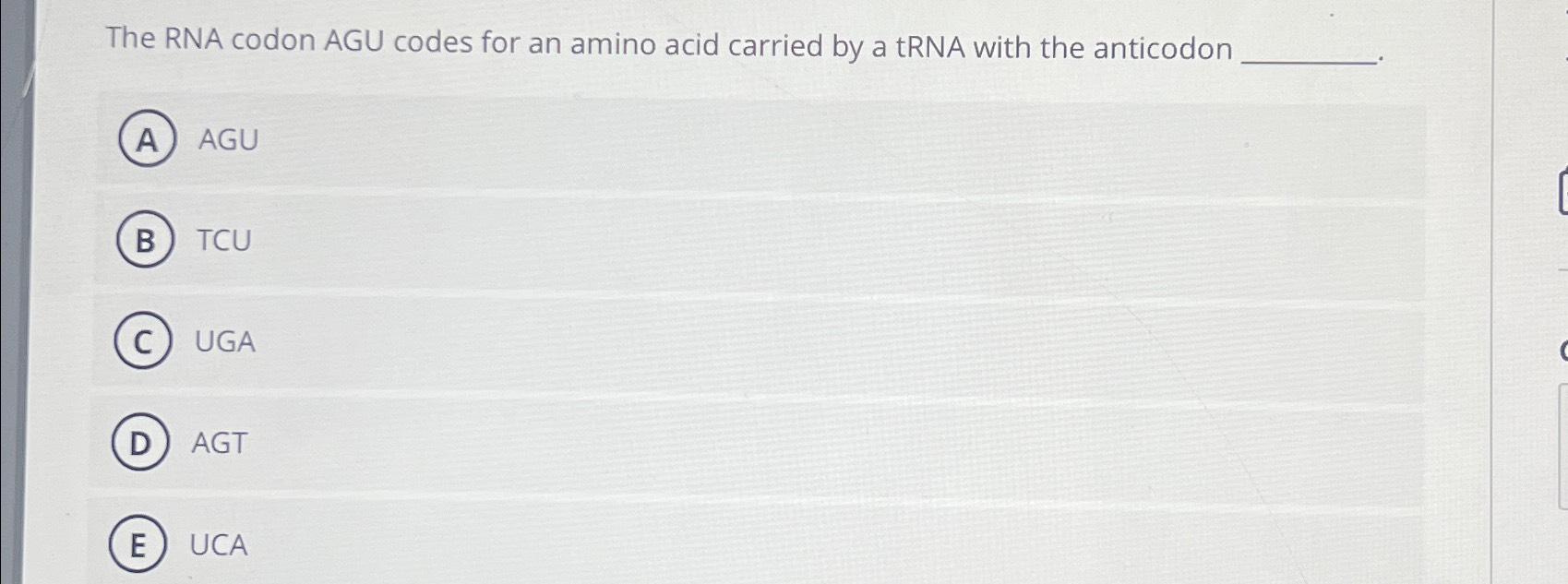 Solved The RNA codon AGU codes for an amino acid carried by | Chegg.com