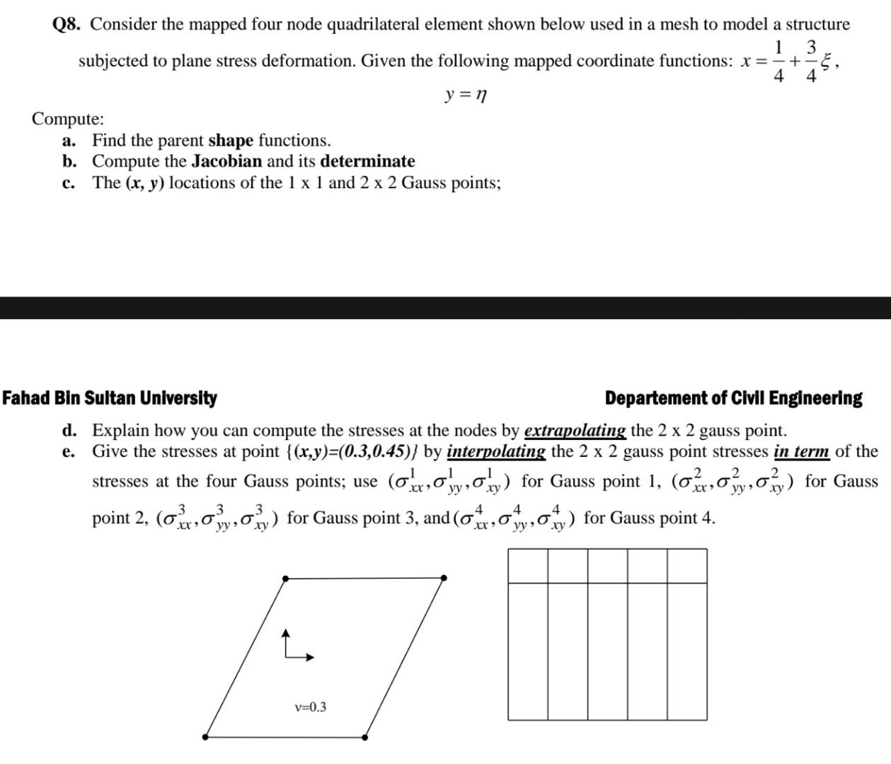 Solved Q8. Consider the mapped four node quadrilateral | Chegg.com