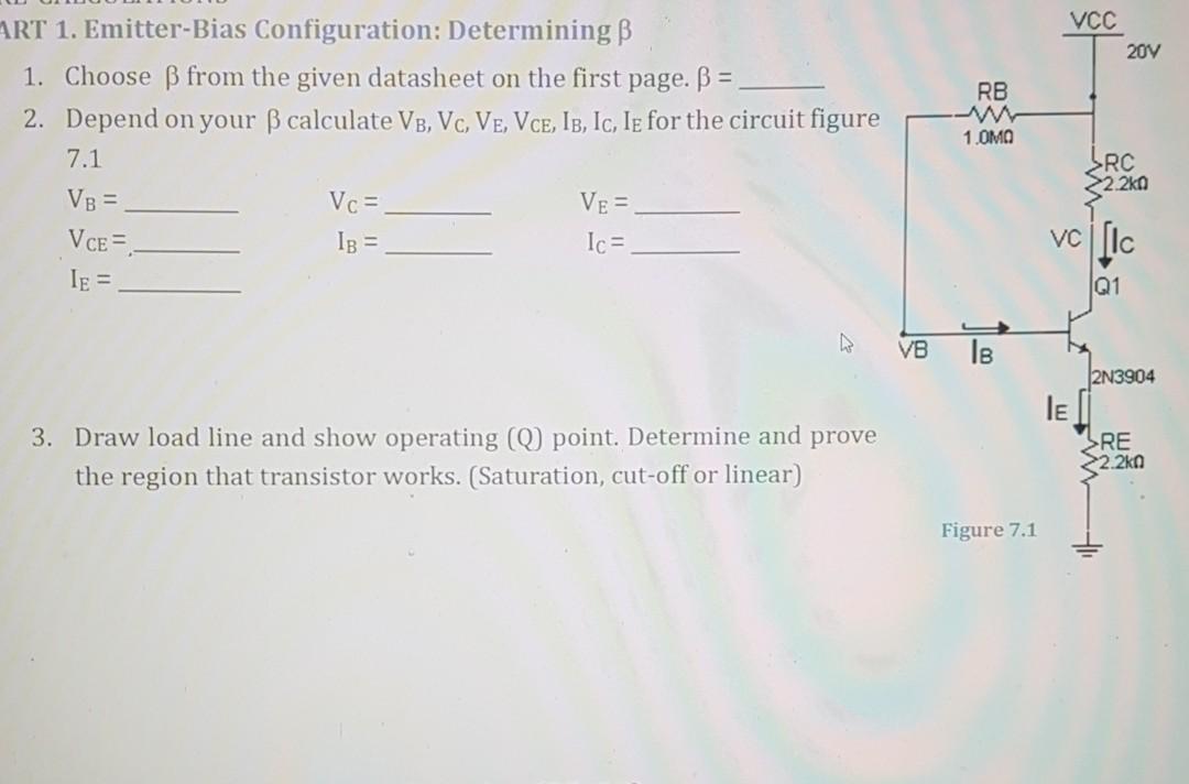 Solved VCC 20V ART 1. Emitter-Bias Configuration: | Chegg.com