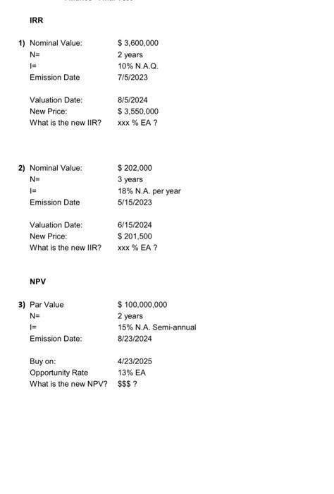 Solved IRR 1) \begin{tabular}{ll} Nominal Value: & | Chegg.com