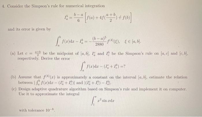 4. Consider the Simpson's rule for numerical | Chegg.com