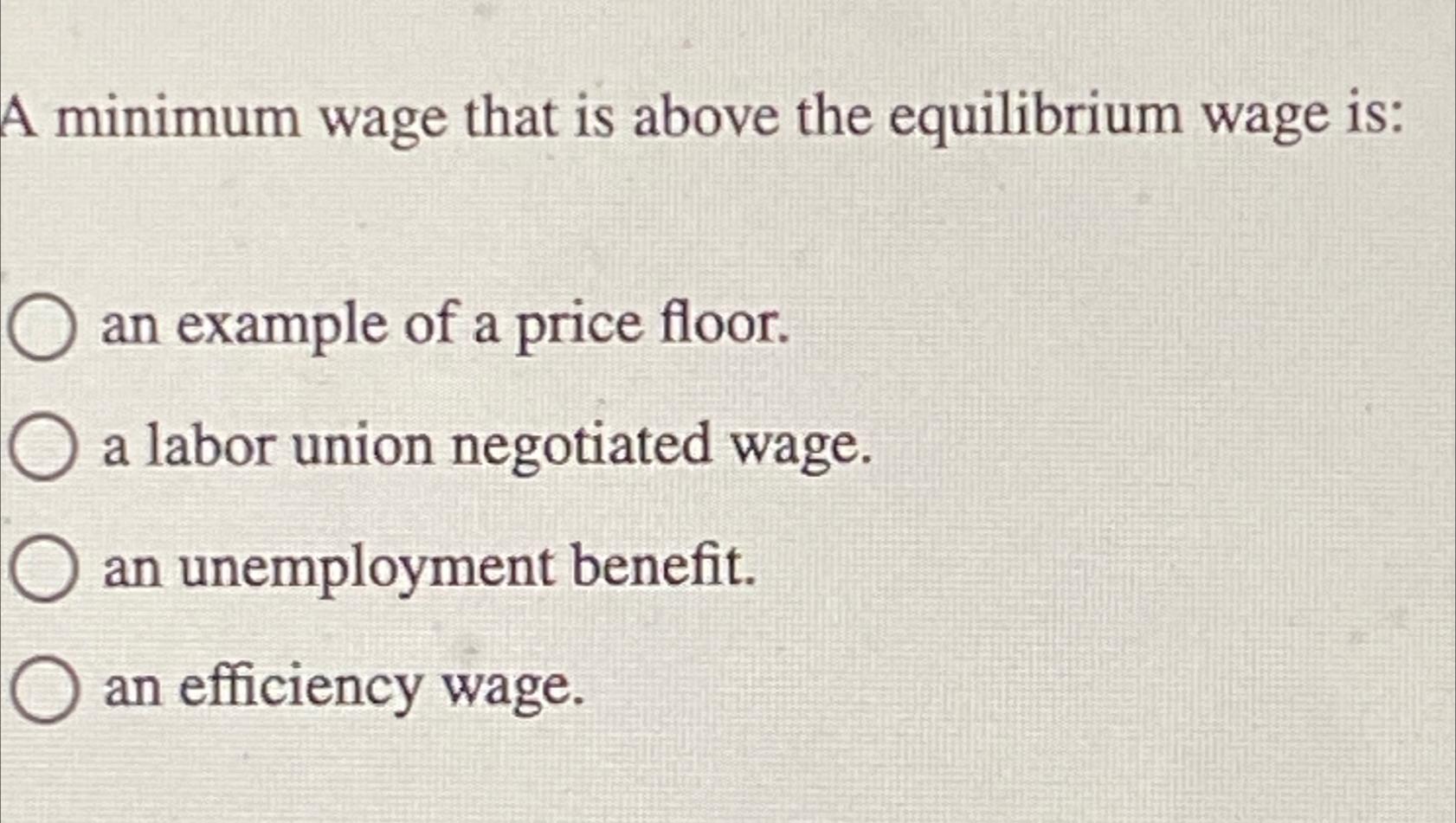 Solved A minimum wage that is above the equilibrium wage | Chegg.com