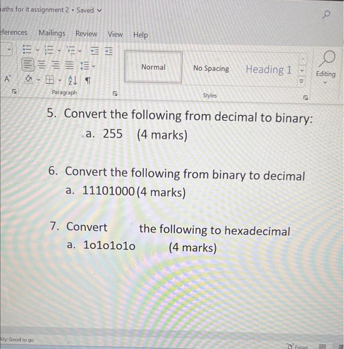 Solved 5. Convert the following from decimal to binary: a. | Chegg.com