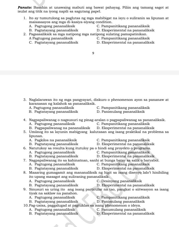 Solved Panuto: Basahin at unawaing mabuti ang bawat pahayag. | Chegg.com