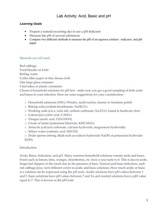 Lab Activity: Acid, Basic and pH Learning Goals | Chegg.com