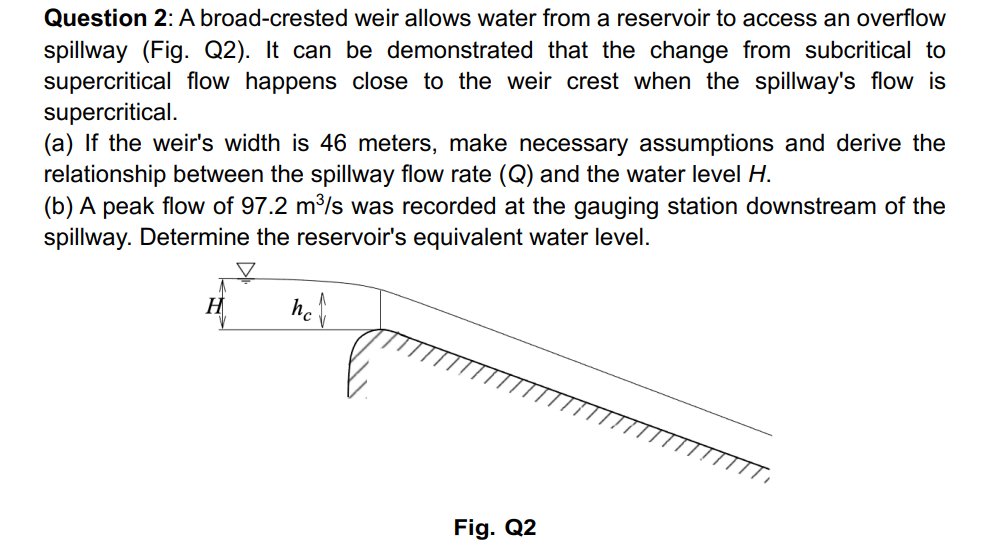 Solved Question 2: A broad-crested weir allows water from a | Chegg.com