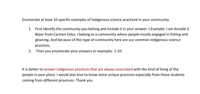 Solved Enumerate at least 10 specific examples of Indigenous | Chegg.com