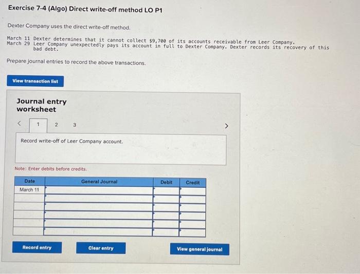 Solved Exercise 7-4 (Algo) Direct write-off method LO P1 | Chegg.com