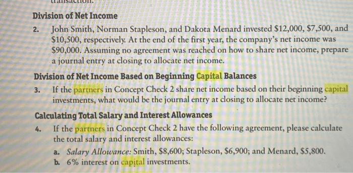 Solved Division of Net Income 2. John Smith, Norman | Chegg.com