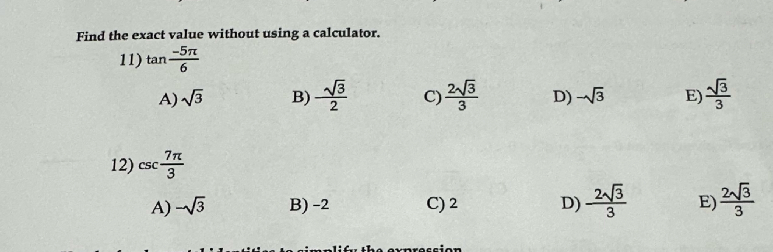 Solved Find the exact value without using a | Chegg.com