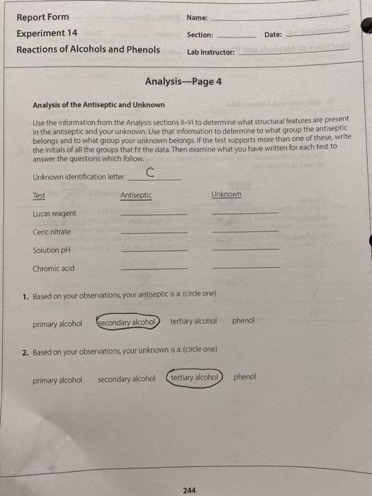 Name Report Form Experiment 14 Reactions Of Alcohols
