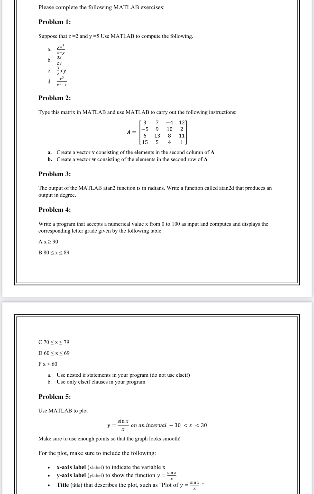 Solved Please complete the following MATLAB | Chegg.com