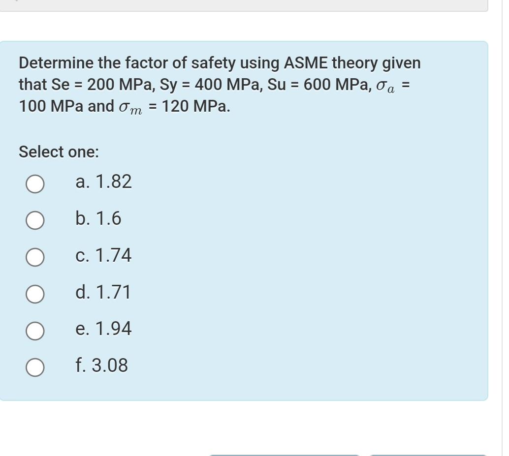 Solved Determine the factor of safety using ASME theory | Chegg.com