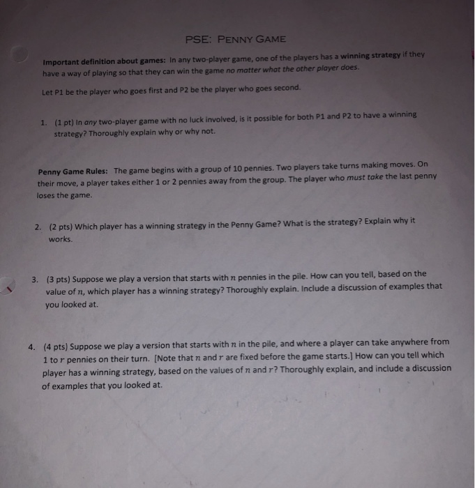 PSE: PENNY GAME Important definition about games: In | Chegg.com