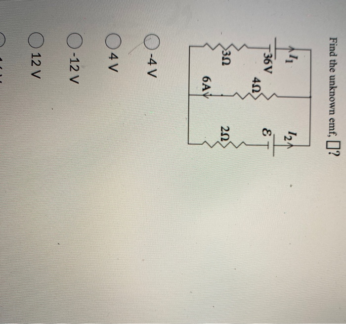 Solved Find the unknown emf, I? 12 121 -36V 4Ω 3.12 222 6AV | Chegg.com