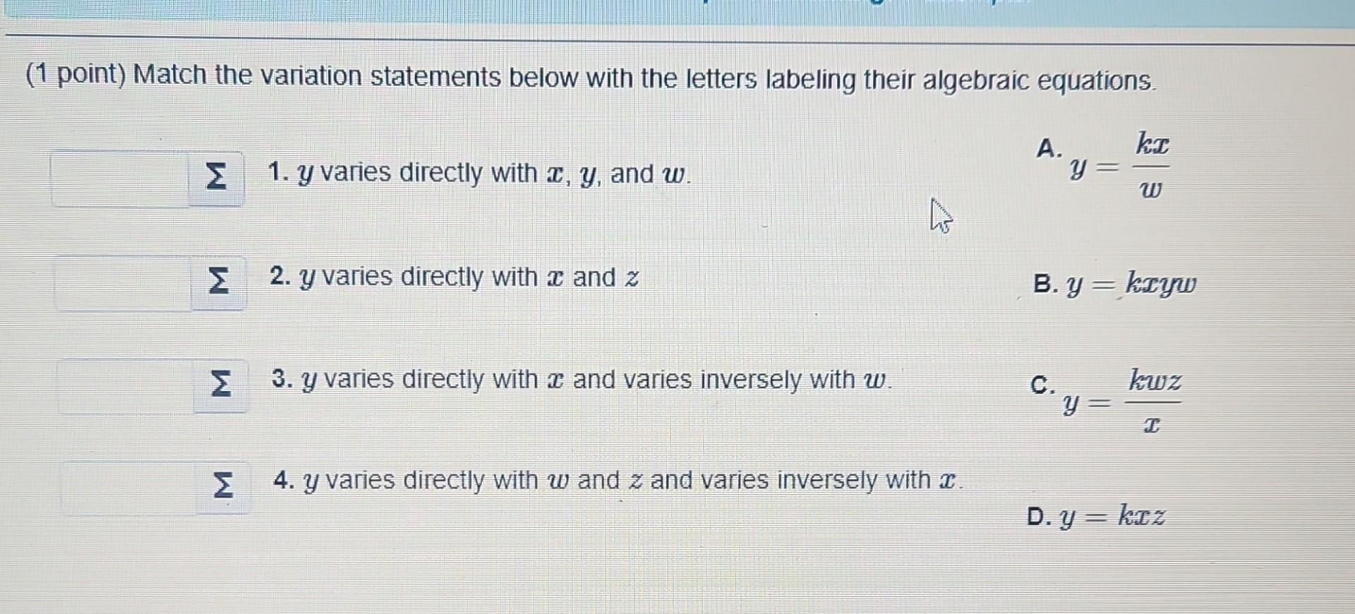 Solved (1 point) Match the variation statements below with | Chegg.com
