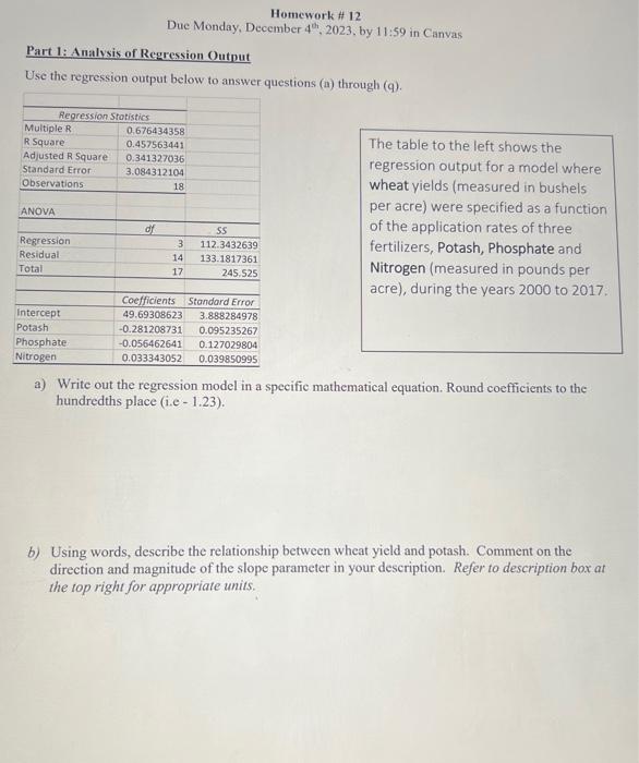 Solved Part 1: Analvsis of Regression Output Use the | Chegg.com