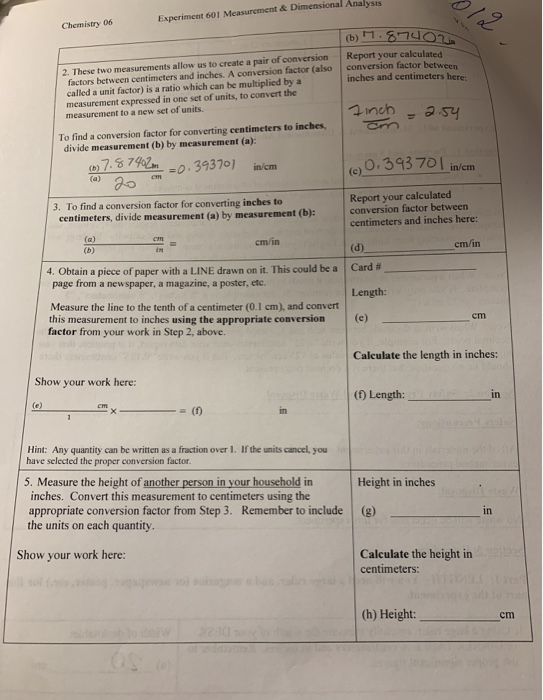 Solved 1/2 Experiment 601 Measurement & Dimensional Analysis | Chegg.com