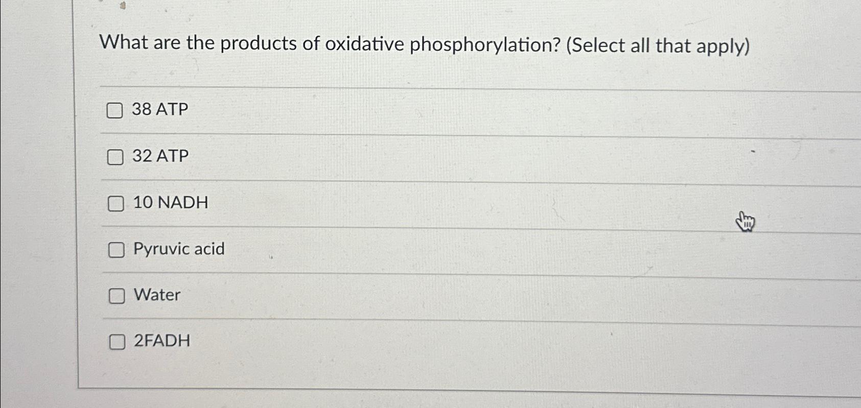Solved What are the products of oxidative phosphorylation? | Chegg.com