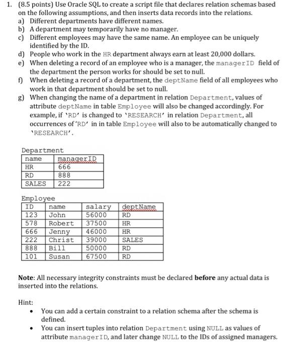 Solved 1. (8.5 points) Use Oracle SQL to create a script | Chegg.com