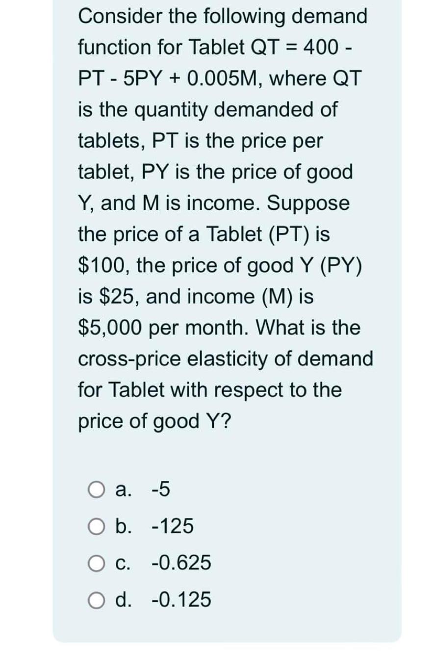 Solved Consider the following demand function for Tablet QT | Chegg.com
