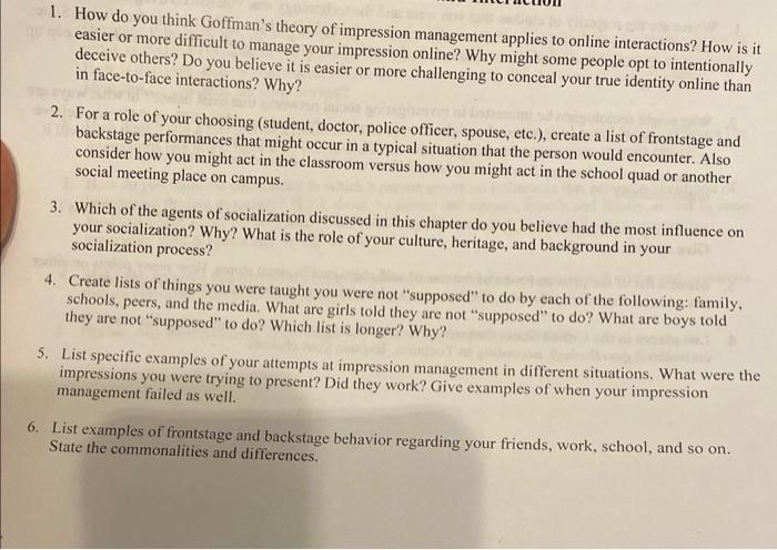 1. How do you think Goffman's theory of impression | Chegg.com