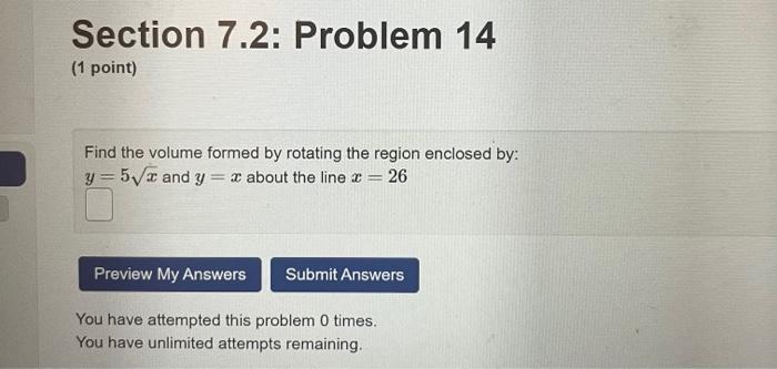 Solved Section 7.2: Problem 14 (1 point) Find the volume | Chegg.com