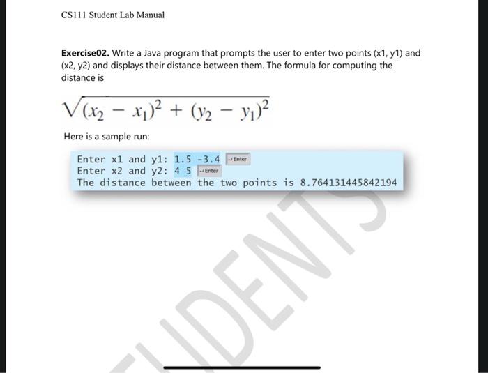 Solved CSI Student Lab Manual Exercise02. Write a Java | Chegg.com