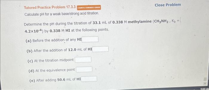 Solved Tutored Practice Problem 17.3.3 Calculate pH for a | Chegg.com