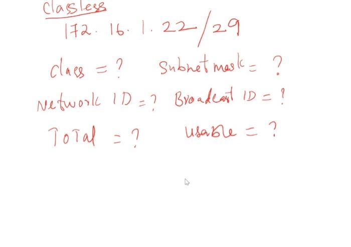 Solved Classless 172. 16.1.22 22/29 class=2 subnet mask = ? | Chegg.com