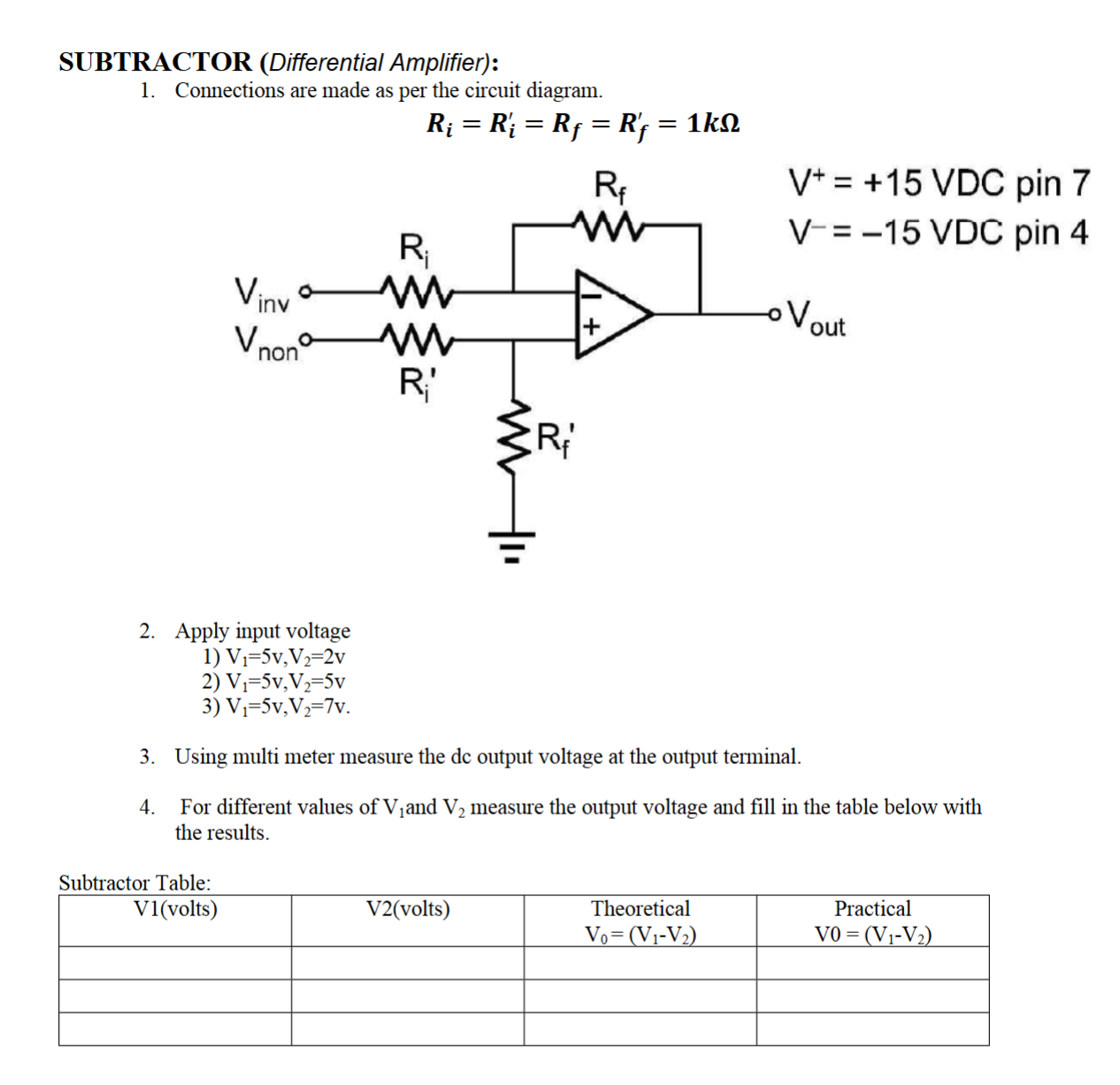 Solved SUBTRACTOR (Differential ﻿Amplifier):Connections are | Chegg.com