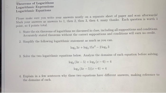 Solved Theorems of Logarithms Logarithmic Expressions | Chegg.com