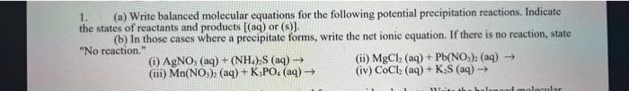 Solved 1. (a) Write balanced molecular equations for the | Chegg.com