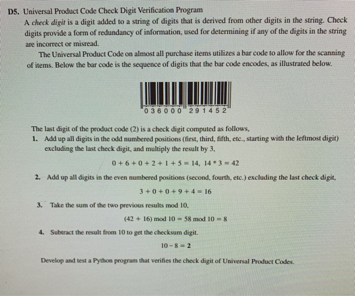 Solved D5. Universal Product Code Check Digit Verification | Chegg.com