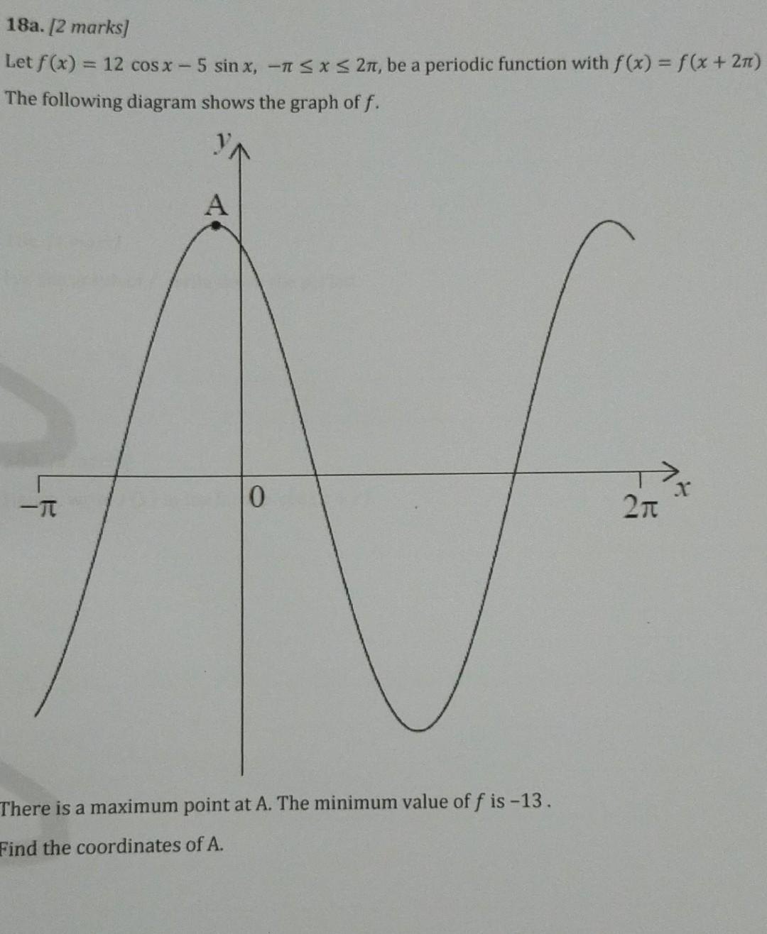 Solved 18a. [2 marks] Let f(x) = 12 cos x - 5 sin x, 1 SxS | Chegg.com