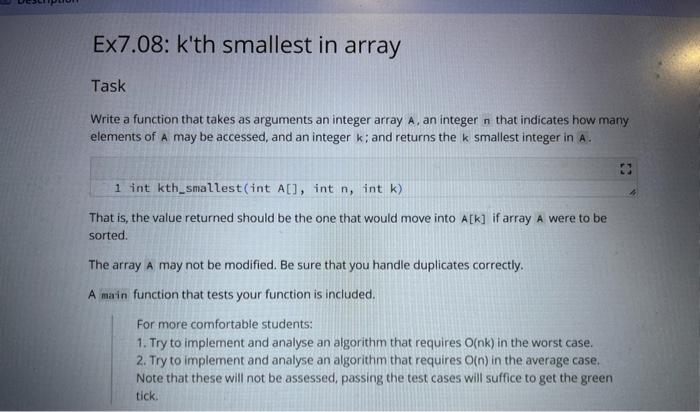 Solved Ex7.08: k'th smallest in array Task Write a function | Chegg.com