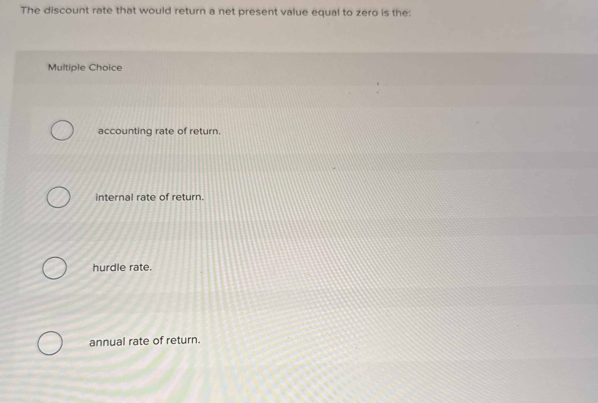 Solved The discount rate that would return a net present | Chegg.com