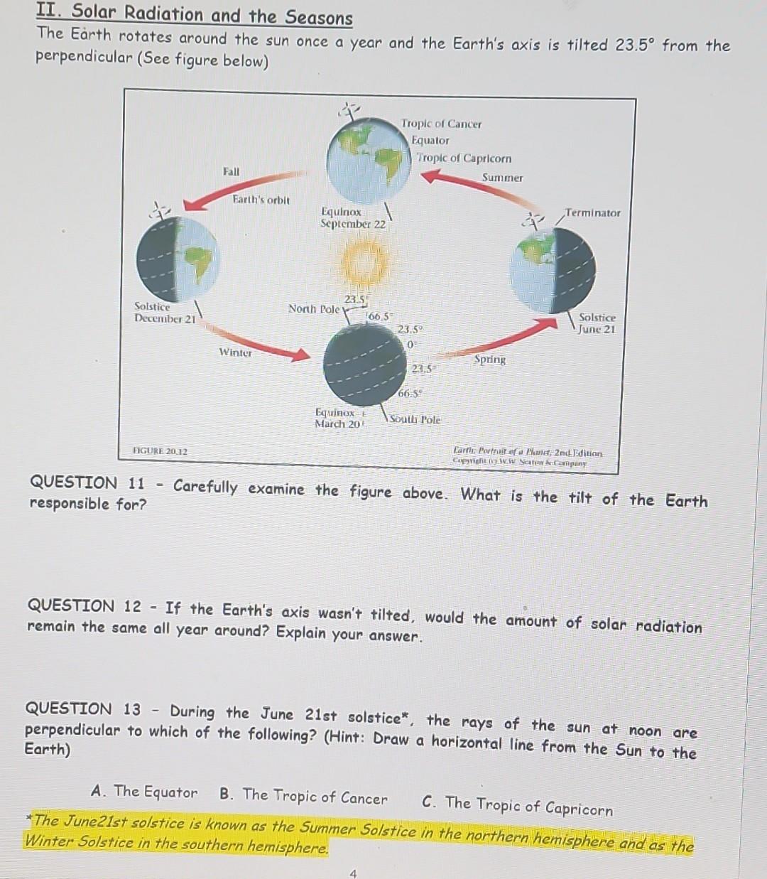 Solved II. Solar Radiation and the Seasons The Earth rotates | Chegg.com