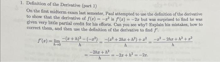 Solved Definition of the Derivative (part 1) On the first | Chegg.com