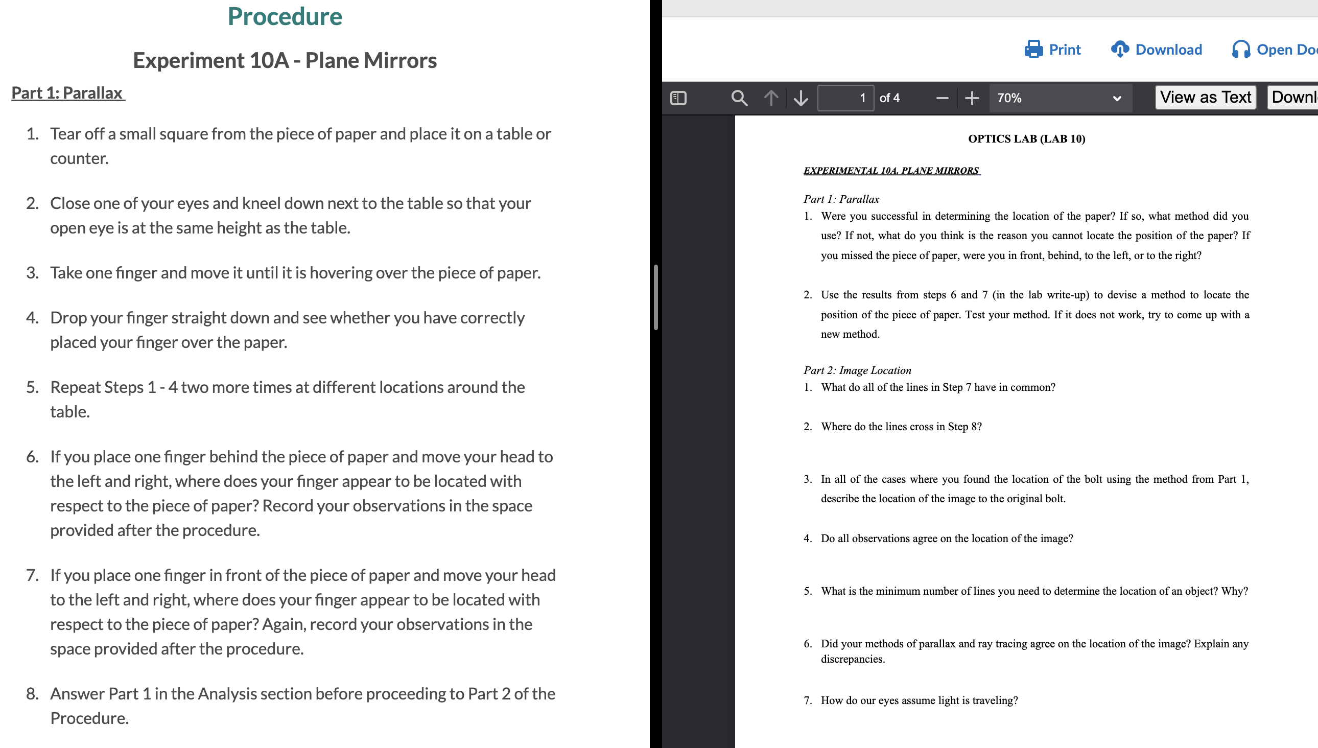 Solved Experiment 10A - ﻿Plane MirrorsPart 1: ParallaxTear | Chegg.com