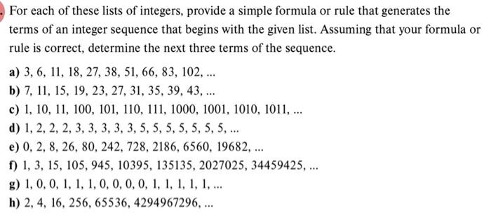 For each of these lists of integers, provide a simple | Chegg.com