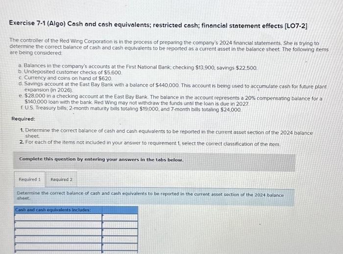 Solved Exercise 7-1 (Algo) Cash and cash equivalents; | Chegg.com