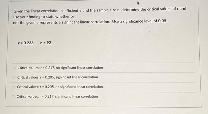 Solved Given The Linear Correlation Coefficient R And The