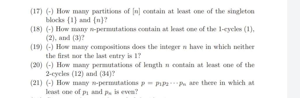 Solved (17) (-) How many partitions of [n] contain at least | Chegg.com