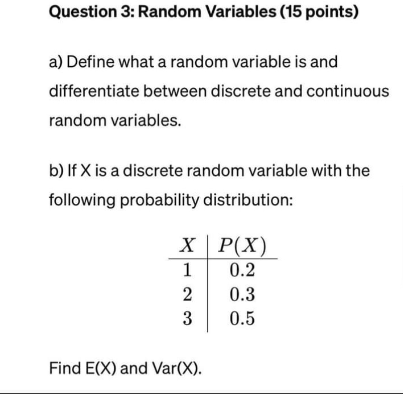 Solved Question 3: Random Variables ( 15 ﻿points)a) ﻿Define | Chegg.com