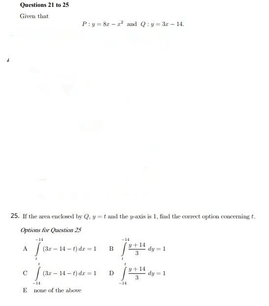 Solved P:y=8x−x2 and Q:y=3x−14. 25. If the area enclosed by | Chegg.com