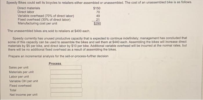 Solved The unassembled bikes are sold to retailers at $400 | Chegg.com